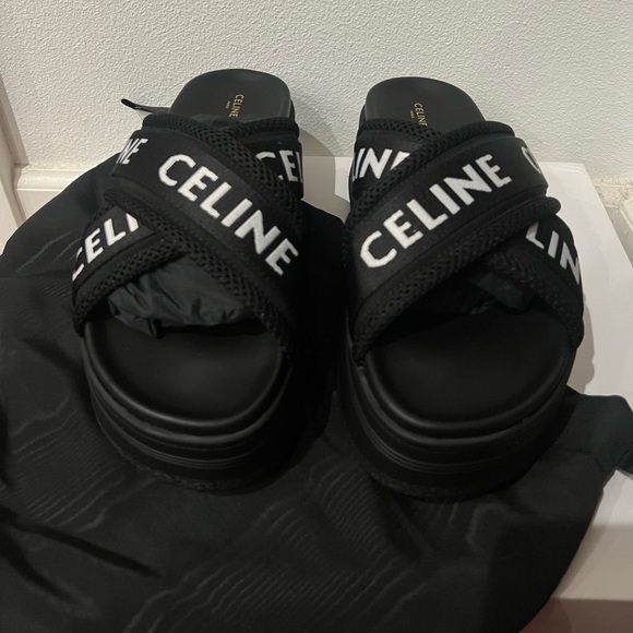 Celine | Shoes | Nib Celine Platform Logo Block Slide Sandals In Mesh ...